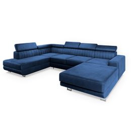 WOHNLANDSCHAFT SIENA L-S Blau Velours-Stoff mit Schlaffunktion
