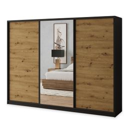 SCHWEBET&Uuml;RENSCHRANK SORE 235/205/58 cm 3-t&uuml;rig mit Spiegel und Schubladen Schwarz / Eiche Artisan