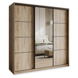 SCHWEBET&Uuml;RENSCHRANK VARO 180/205/60 cm 3-t&uuml;rig mit Spiegel und Schubladen Sonoma Eiche