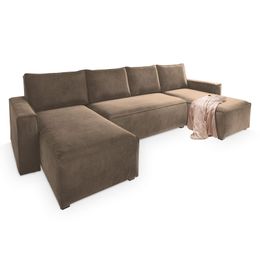 WOHNLANDSCHAFT DENI Beige Velours-Stoff mit Schlaffunktion