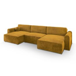 WOHNLANDSCHAFT FENTO M Gelb Velours-Stoff mit Schlaffunktion