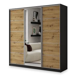 SCHWEBET&Uuml;RENSCHRANK NATA 180/205/58 cm 3-t&uuml;rig mit Spiegel und Schubladen Schwarz / Eiche Artisan