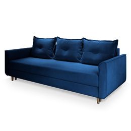 BETTSOFA NAPOL Blau Pl&uuml;sch-Stoff mit Schlaffunktion