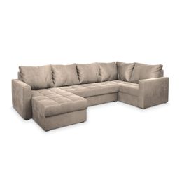 WOHNLANDSCHAFT LORIVO R-S Beige Pl&uuml;sch-Stoff mit Schlaffunktion