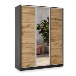 SCHWEBET&Uuml;RENSCHRANK SORE 160/205/58 cm 3-t&uuml;rig mit Spiegel und 4 Schubladen Schwarz