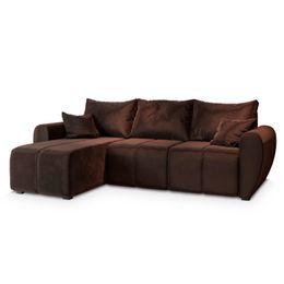 ECKSOFA MADISON Braun Pl&uuml;sch-Stoff mit Schlaffunktion