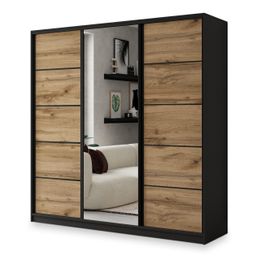 SCHWEBET&Uuml;RENSCHRANK NATA 200/205/58 cm 3-t&uuml;rig mit Spiegel und 4 Schubladen Schwarz