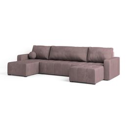 WOHNLANDSCHAFT TOLARI Rosa Pl&uuml;sch-Stoff mit Schlaffunktion