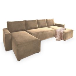 WOHNLANDSCHAFT DENI Creme Velours-Stoff mit Schlaffunktion