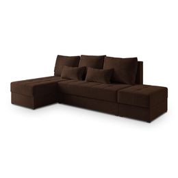 ECKSOFA NORVI Braun Pl&uuml;sch-Stoff mit Schlaffunktion