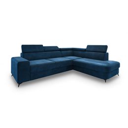 ECKSOFA ALVORO R-S Blau Velours-Stoff mit Schlaffunktion