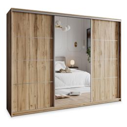 SCHWEBET&Uuml;RENSCHRANK VARO 250/205/60 cm 3-t&uuml;rig mit Spiegel und Schubladen Eiche Wotan