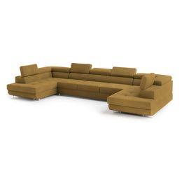 WOHNLANDSCHAFT ISOLANO Gelb Velours-Stoff mit Schlaffunktion