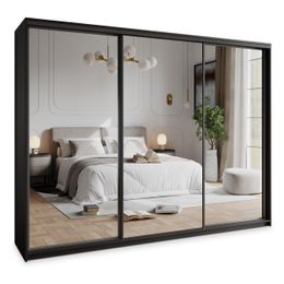 SCHWEBET&Uuml;RENSCHRANK RIEN 250/205/60 cm 3-t&uuml;rig mit Spiegel und Schubladen Schwarz
