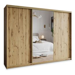 SCHWEBET&Uuml;RENSCHRANK TAVI 250/205/60 cm 3-t&uuml;rig mit Spiegel und Schubladen Eiche Artisan