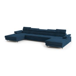 WOHNLANDSCHAFT VIVENTE Blau Velours-Stoff mit Schlaffunktion