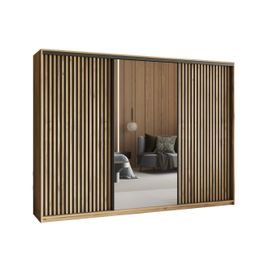 SCHWEBET&Uuml;RENSCHRANK ORRA 250/205/60 cm 3-t&uuml;rig mit Spiegel und Lamellen Eiche Wotan