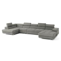 WOHNLANDSCHAFT VELORA L-S Hellgrau Velours-Stoff mit Schlaffunktion