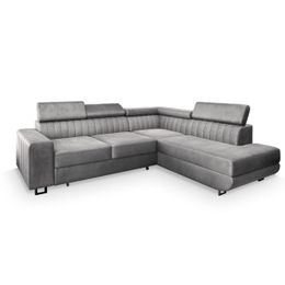 ECKSOFA NOLA R-S Hellgrau Velours-Stoff mit Schlaffunktion