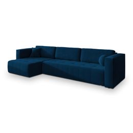 ECKSOFA OLVERA Blau Pl&uuml;sch-Stoff mit Schlaffunktion