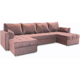 WOHNLANDSCHAFT NAKO Rosa Pl&uuml;sch-Stoff mit Schlaffunktion