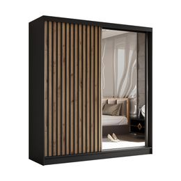 SCHWEBET&Uuml;RENSCHRANK LAMELLO 200/216/61 cm 2-t&uuml;rig mit Spiegel Schwarz
