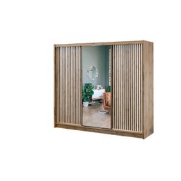 SCHWEBET&Uuml;RENSCHRANK DRAVEN 250/215/60,5 cm 3-t&uuml;rig mit Spiegel Eiche Wotan
