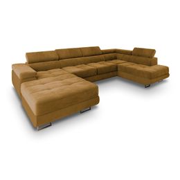 WOHNLANDSCHAFT CASONE R-S Gelb Velours-Stoff mit Schlaffunktion