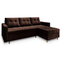 ECKSOFA MILO L Braun Pl&uuml;sch-Stoff mit Schlaffunktion