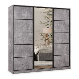 SCHWEBET&Uuml;RENSCHRANK PINA 200/205/58 cm 3-t&uuml;rig mit Spiegel und 4 Schubladen Titanfarben