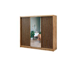 SCHWEBET&Uuml;RENSCHRANK DRAVEN 250/215/60,5 cm 3-t&uuml;rig mit Spiegel Eiche Wotan