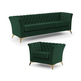SITZGARNITUR 3+1 Chesterfield Whitby Flasche Gr&uuml;n Samt mit goldenen F&uuml;&szlig;en