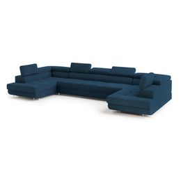 WOHNLANDSCHAFT ISOLANO Blau Velours-Stoff mit Schlaffunktion
