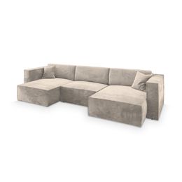 WOHNLANDSCHAFT SARMO M Creme Velours-Stoff mit Schlaffunktion
