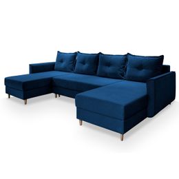 WOHNLANDSCHAFT VERNI Blau Pl&uuml;sch-Stoff mit Schlaffunktion