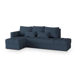 ECKSOFA LUMARI L-S Blau Pl&uuml;sch-Stoff mit Schlaffunktion