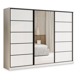 SCHWEBET&Uuml;RENSCHRANK PINA 250/205/58 cm 3-t&uuml;rig mit Spiegel und Schubladen Wei&szlig;