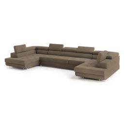 WOHNLANDSCHAFT ISOLANO Beige Velours-Stoff mit Schlaffunktion