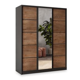 SCHWEBET&Uuml;RENSCHRANK NATA 150/205/58 cm 3-t&uuml;rig mit Spiegel und Schubladen Schwarz / Eiche Lefkas