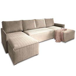 WOHNLANDSCHAFT TRES Beige Kordstoff mit Schlaffunktion