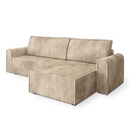 ECKSOFA VALTINO Creme Kordstoff mit Schlaffunktion
