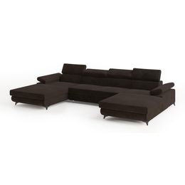 WOHNLANDSCHAFT DETTI Braun Velours-Stoff mit Schlaffunktion