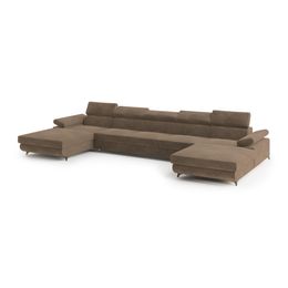 WOHNLANDSCHAFT VIVENTE Beige Velours-Stoff mit Schlaffunktion
