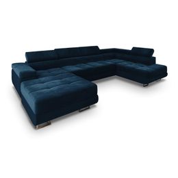 WOHNLANDSCHAFT CASONE R-S Blau Velours-Stoff mit Schlaffunktion