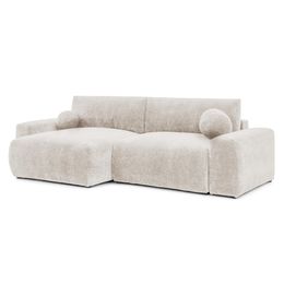 ECKSOFA Puffy mit Schlaffunktion und Bettkasten - besonders weich und puffig aus Beige Stoff mit Chenillestruktur - Ottomane links