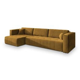 ECKSOFA OLVERA Gelb Pl&uuml;sch-Stoff mit Schlaffunktion