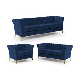 SITZGARNITUR 3+2+1 Chesterfield Whitby Marineblau Samt mit goldenen F&uuml;&szlig;en