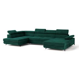 WOHNLANDSCHAFT RUBANO L-S Gr&uuml;n Velours-Stoff mit Schlaffunktion