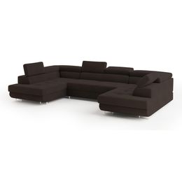 WOHNLANDSCHAFT RAGGIO Braun Velours-Stoff mit Schlaffunktion