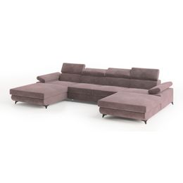 WOHNLANDSCHAFT DETTI Lila Velours-Stoff mit Schlaffunktion
